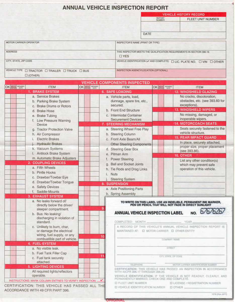 Annual Vehicle Inspection Report Sheet Carbonless With White FMCSA Ann ...